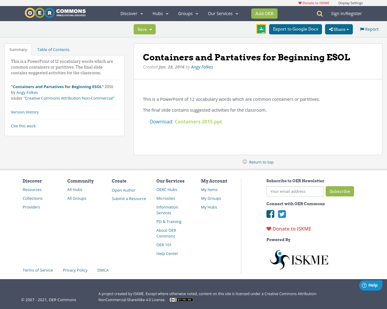 Containers and Partatives for Beginning ESOL | OER Commons