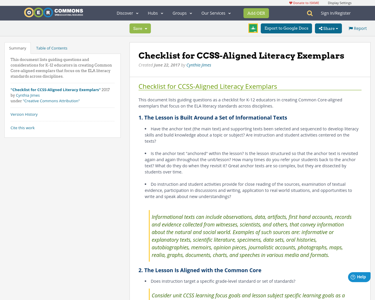 Checklist for CCSS-Aligned Literacy Exemplars | OER Commons