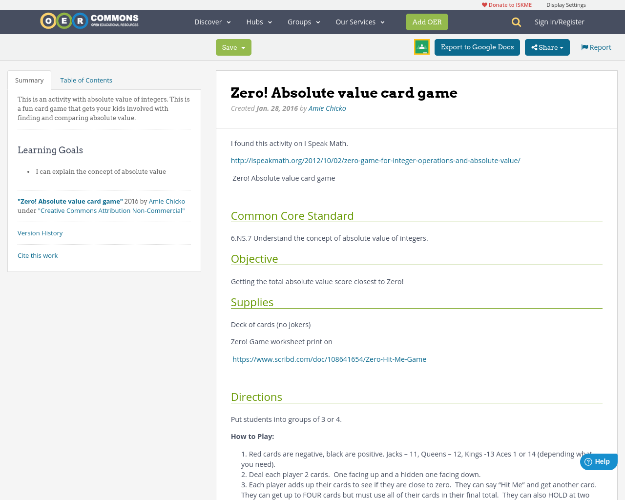 Zero Absolute Value Card Game OER Commons